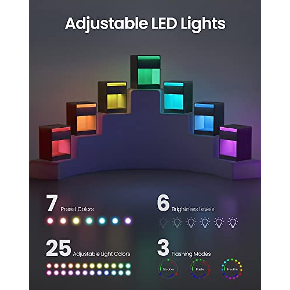 VASAGLE Nightstand with Charging Station, Side End Adjustable LED Lights, Bedside Table with Drawer 2 AC Outlets, 2 USB Ports, Modern, for Bedroom, 13.7" D x 15.7" W x 21.7" H, Black