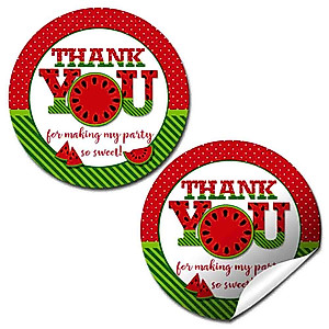 Red Watermelon Birthday Party Thank You Sticker Labels, 40 2" Party Circle Stickers by AmandaCreation, Great for Party Favors, Envelope Seals & Goodie Bags