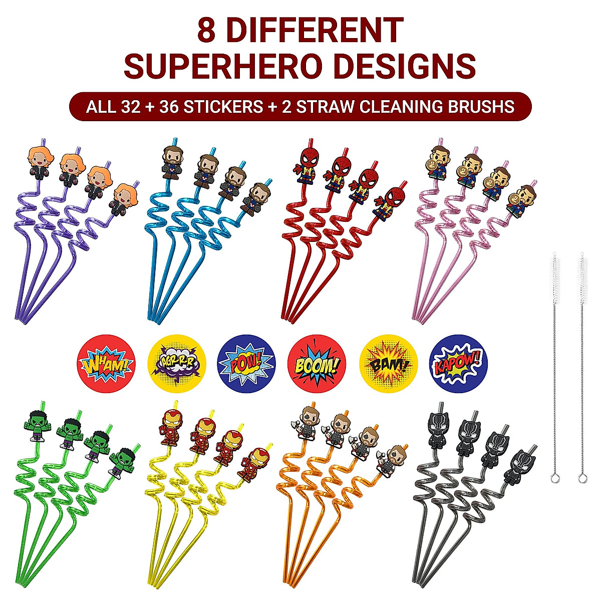 32Pcs Superhero Straws for Avenger Party Favor - 32Pcs Reusable Drinking Straws with 8 designs+36 Stickers+2 Brushes. Perfect For Superhero Party Supplies, Great for Avenger Themed Party