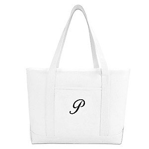 DALIX Large Canvas Tote Bag for Women Work Bag Beach Totes Monogrammed White P