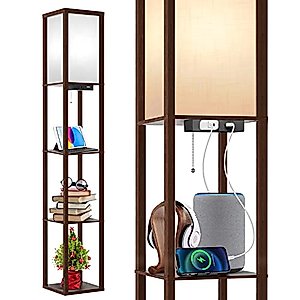 OUTON Floor Lamp with Shelves, LED Modern Shelf Floor Lamp with USB Port & Power Outlet, 3 Color Temperature, Storage Display Wood Column Standing Tall Lamp for Living Room, Bedroom, Office, Walnut