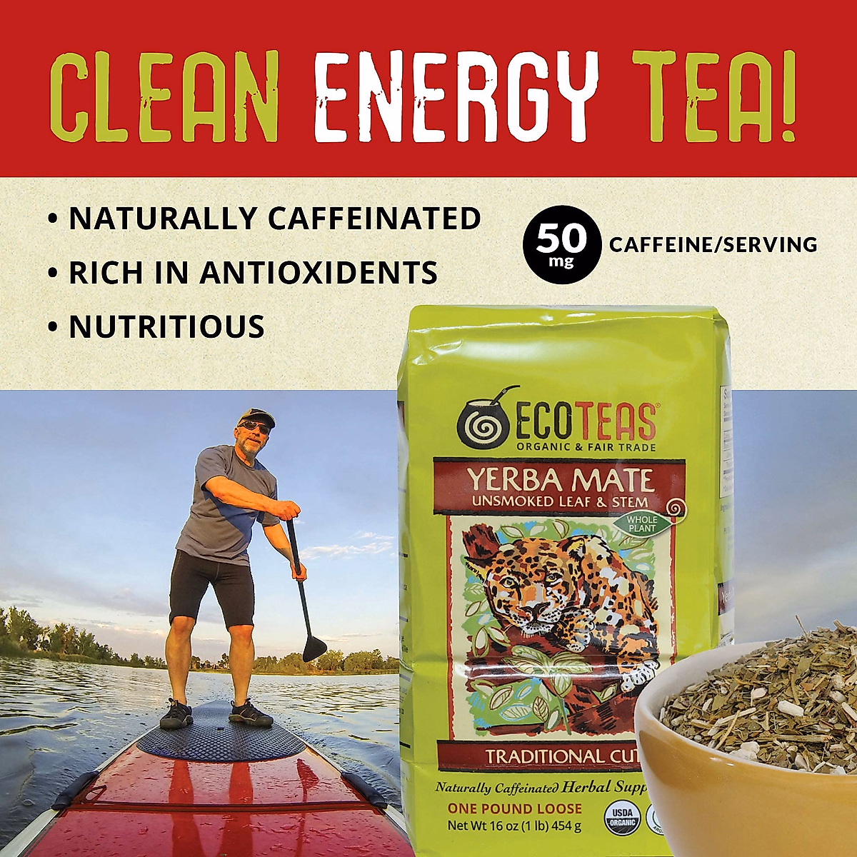ECOTEAS - Organic Yerba Mate Loose Tea Traditional Cut - 1 Lb - Detox Tea -Yerba Mate Tea - Hi Caf Tea - Yerba Mate Energy Burst - Ecoteas Yerba Mate