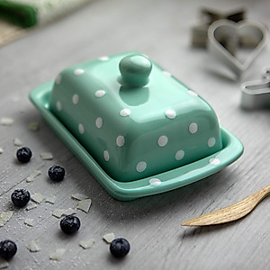 Handmade Ceramic European Covered Butter Dish With Lid | Unique Teal and White Polka Dot Pottery Butter Keeper | Housewarming Gift by City to Cottage®