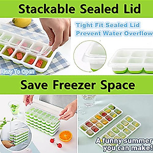 Ice Cube Tray with Lid 4 Pack, EDEFISY Reusable 14-Ice Cube Trays Easy-Release & Flexible Ice Trays for Freezer wit Lid for Chilled Drinks, Whiskey and Cocktails, Green