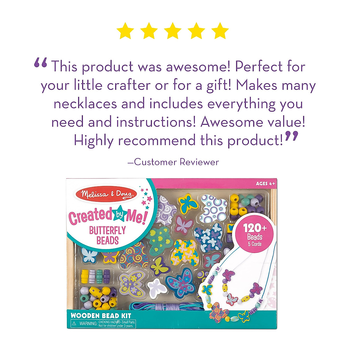 Melissa & Doug Created by Me! Butterfly Beads Wooden Bead Kit, 120+ Beads for Jewelry-Making