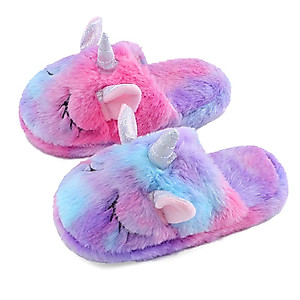 KAKU NANU Kids Slippers Fluffy Slippers Warm Rainbow Slippers Memory Foam Home Slides for Girls Boys(2.5-3.5 big kid)