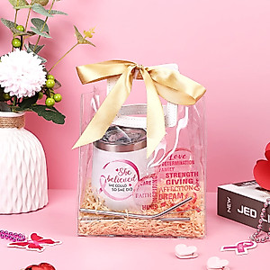 7 Pcs Breast Cancer Gift for Women Pink Ribbon Survivor Present 12 oz Breast Cancer Awareness Tumbler Coffee Mug with Lid Brush Straws Keepsake Raffia Grass Gift Bag Inspirational Gifts for Patients