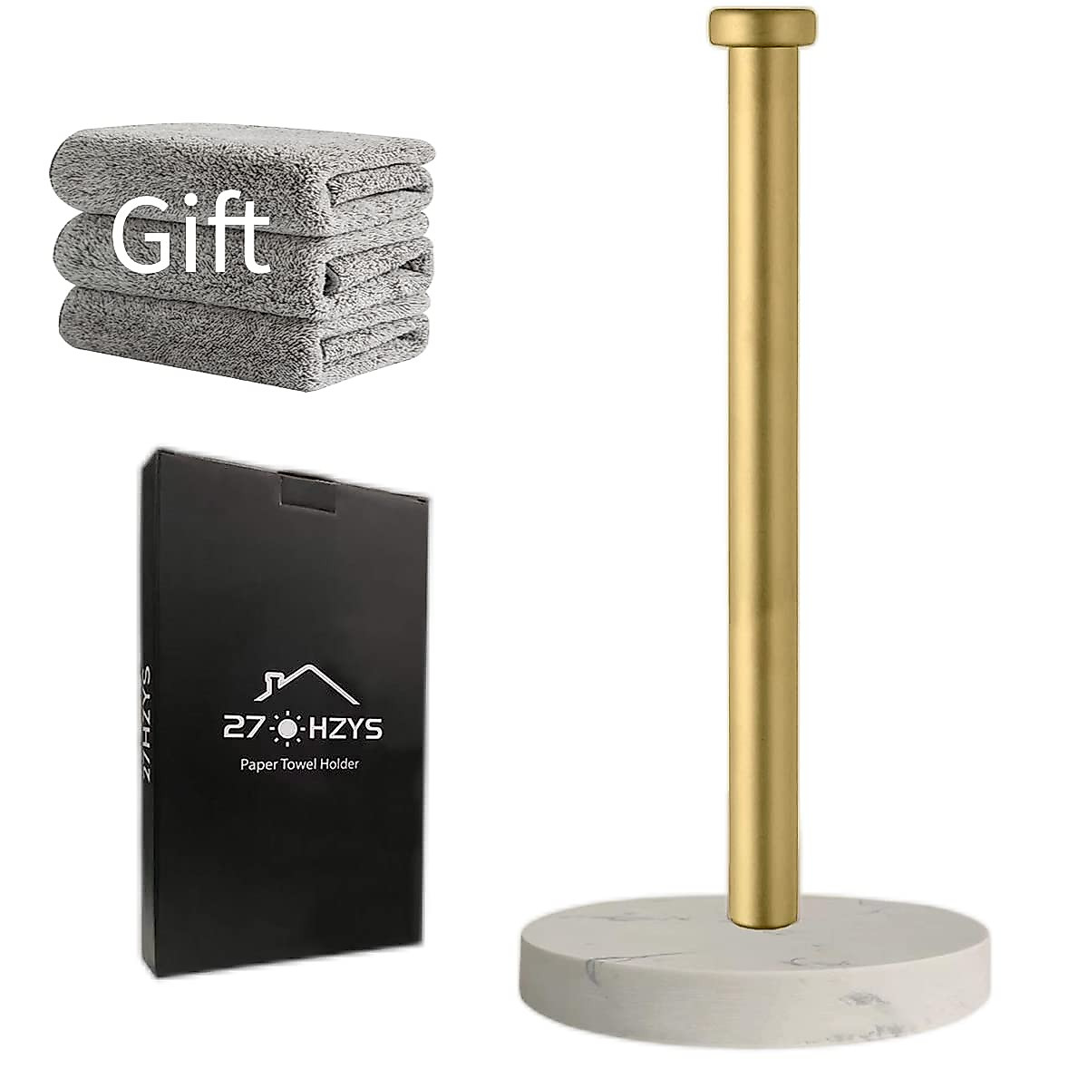 Paper Towel Holder Countertop, Standing Paper Towel Roll Holder for Kitchen Bathroom, with Weighted Marble Base for One-Handed Operation (Gold), Gold Paper Towel Holder, Marble Paper Towel Holder.…