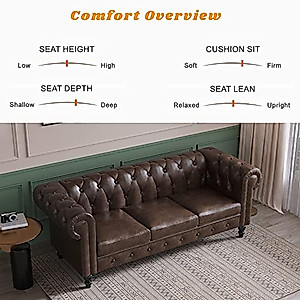MGH 84'' PU Faux Leather Chesterfield Sofa, Mid-Century 3 Seats Top Grain Living Room Couch, Deep Button Tufted Modern Sofas Couches with Rolled Arm Settee for Bedroom, Brown (110PU)