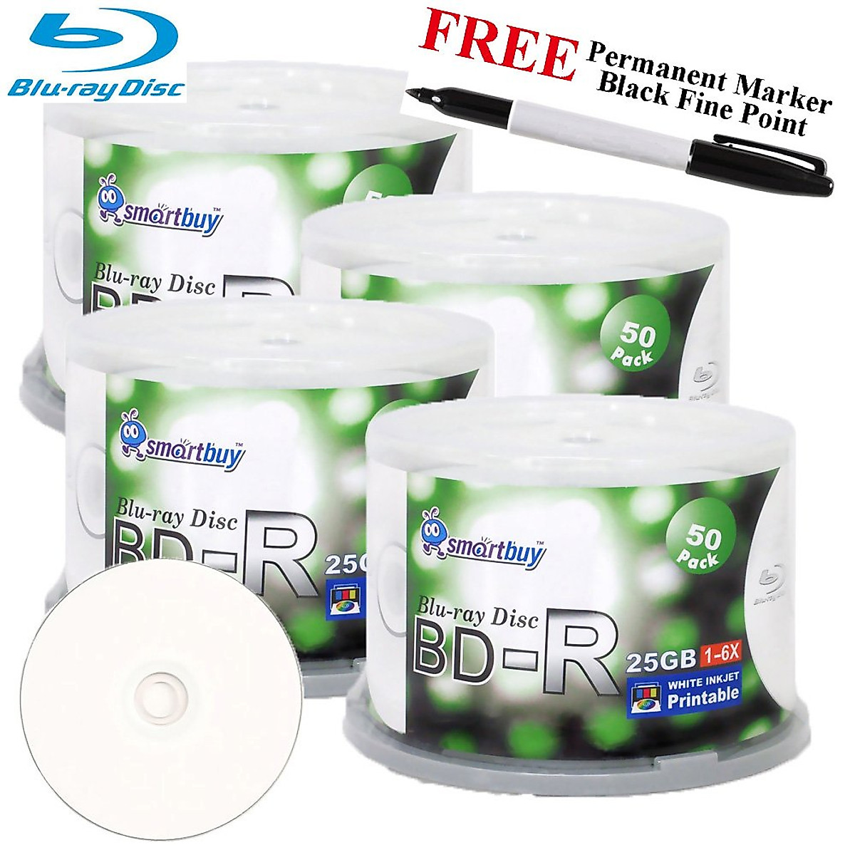 Smartbuy 200-disc 25GB 6X BD-R Blu-Ray White Inkjet Hub Printable Blank Media Disc + Black Permanent Marker
