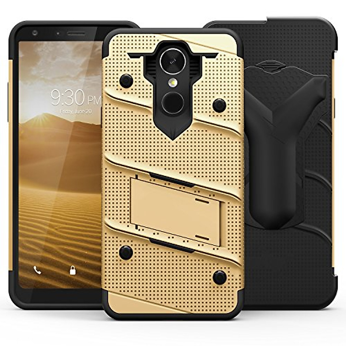 Zizo Bolt Series Compatible with LG Stylo 4 Case Military Grade Drop Tested with Tempered Glass Screen Protector, Holster, Kickstand Gold Black