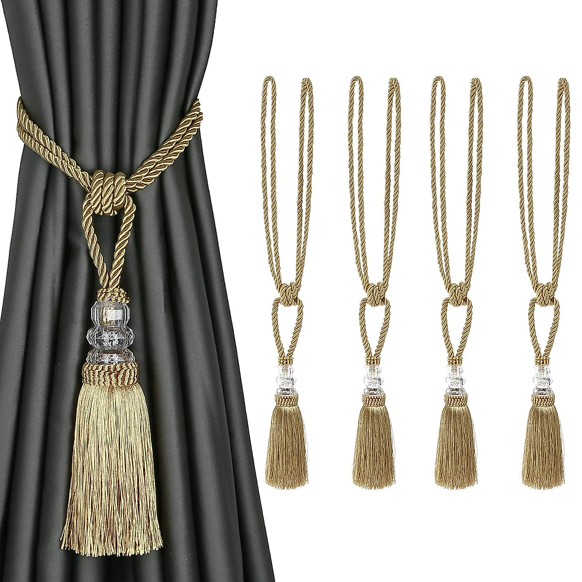 BEL AVENIR 4 Pack Curtain Hand-Woven Tiebacks Crystal Holdbacks Home Decorative Tassels (Golden, 4 Pack)