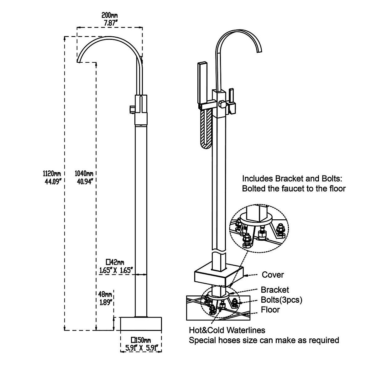 Artiqua Freestanding Bathtub Faucet Floor Mount Tub Filler Brushed Gold Brass Bathroom Faucets Single Handle with Hand Shower
