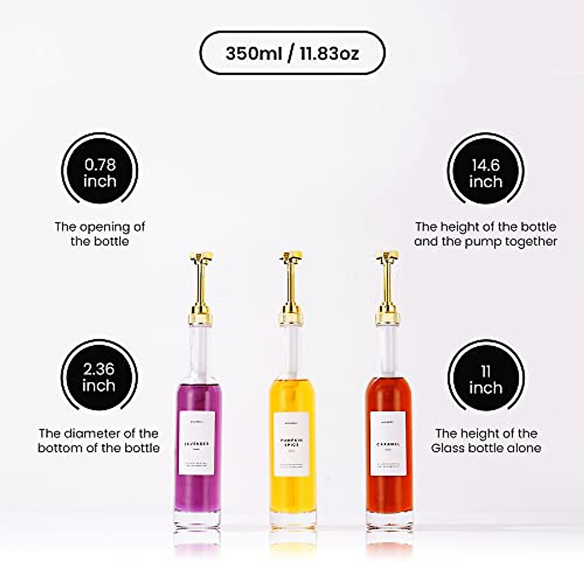 MoliMoli Coffee Syrup Dispenser for Coffee Bar, 350mlCoffee Pump Dispenser, Glass Syrup Bottle w. Pumps, Simple Syrup Dispenser w. Labels,Set of 2, (Gold)