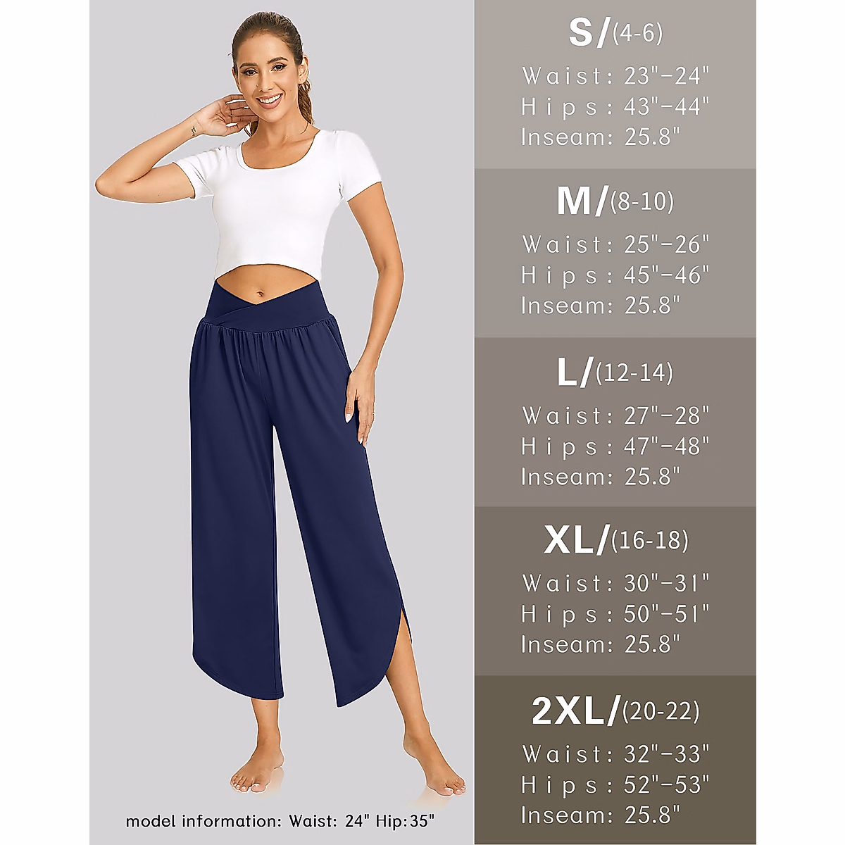 TARSE Womens Wide Leg Yoga Pants Cross High Waisted Capris Plus Size Palazzo Split Leg Trousers Casual Flared Sweatpants with Pockets (Navy,XL)