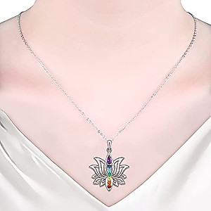 Jewlikee 7 Chakra Necklace Sterling Silver Yoga Lotus Pendant Chakra Stone Bar Necklaces for Women Energy Balance