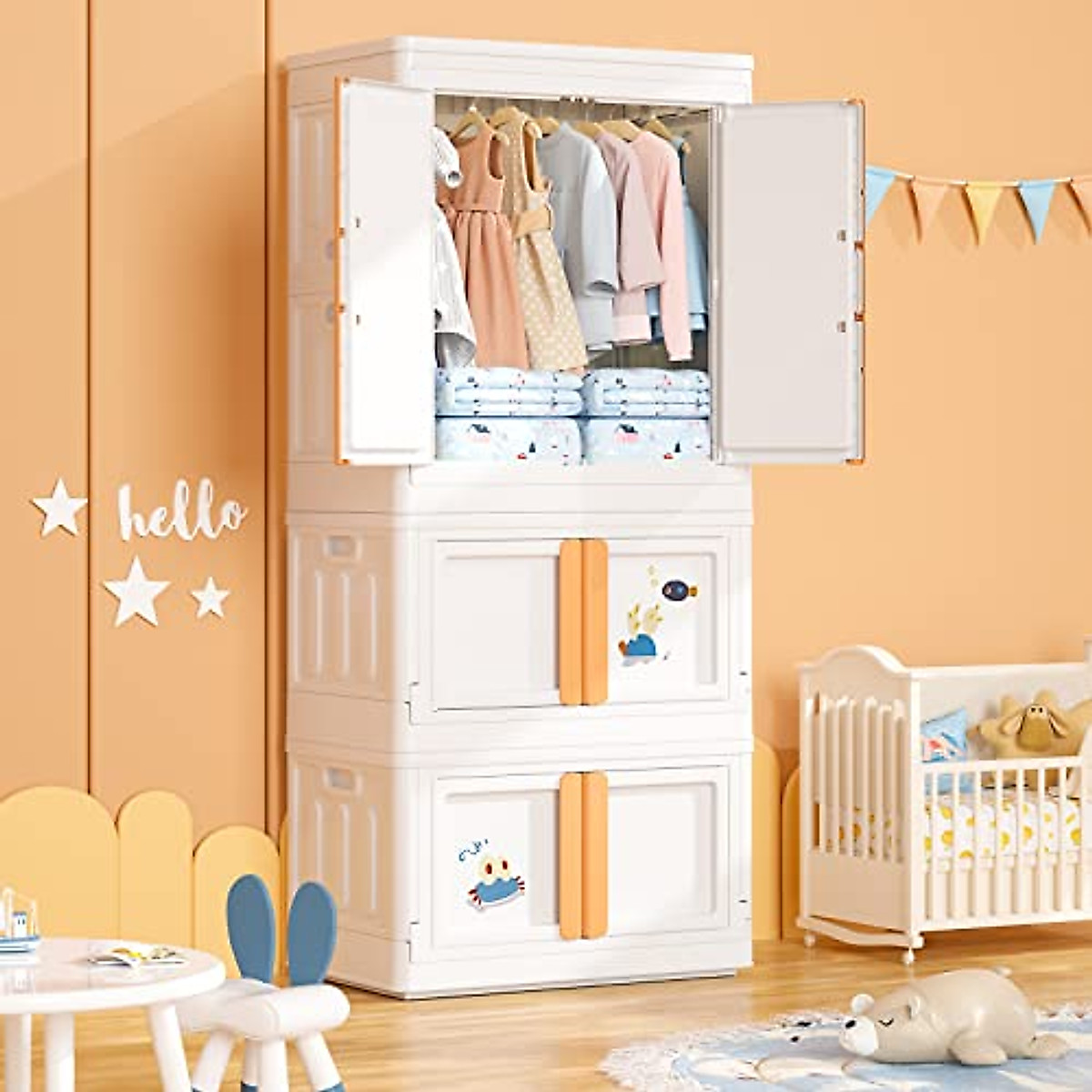 Storage Bins with Lids - Collapsible Storage Bins with Adjustable Shelf and Hanging Rod, Portable Closet Storage Cabinet with Wheels, Stackable Storage Bins for Bedroom Clothes Storage Organizer