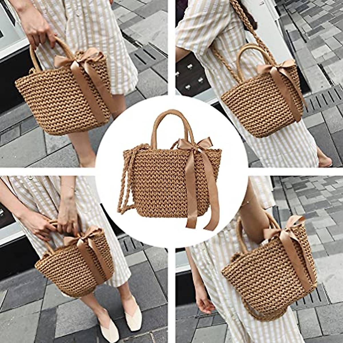 Amosfun straw purse crochet bag tote large beach with zipper rattan bags for women- Woven Handbag Woven Bag Beach Bag Storage- Bag Grass Bag Cross- body Bag
