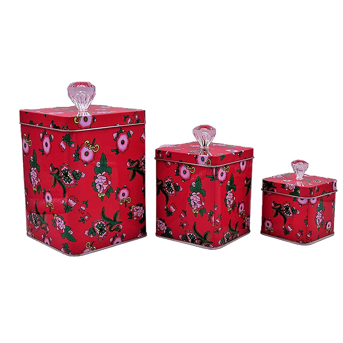 hadaaya Square Red Tin Can Empty Cube Steel Box Storage Container with Crystal Knob for Powder Treats, Gifts, Favors, Loose Tea, Coffee and Crafts, Mini Portable Small Storage Kit, Valentine Day Gift