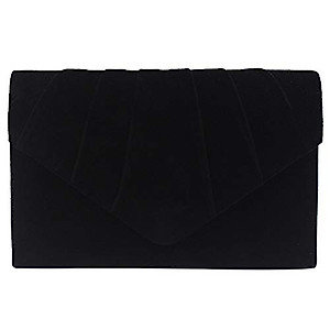 ZIUMUDY Elegant Velvet Envelope Pleated Clutch Bags Wedding Evening Shoulder Chain Handbags (Black)