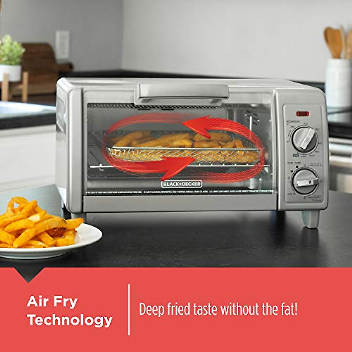 BLACK+DECKER 1150 Watts Crisp N Bake Countertop Small Air Fryer 4 Slice Toaster Pizza Oven Broiler with Timer and 5 Heat Functions, Gray