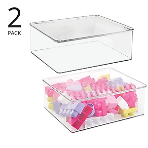 mDesign Plastic Stackable Rectangular Storage Bin, Drawer or Cabinet Organizer with Lid, Container Box for Organizing Electronics, Crayons, Puzzles, Games, Toys - Ligne Collection - 2 Pack - Clear