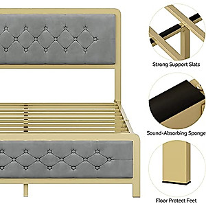 Fancihabor Gold Queen Size Bed Frame, Velvet Upholstered Platform Bed with Button Tufted Headboard, Heavy Duty Metal Mattress Foundation and Metal Slats, No Box Spring Rquired (Grey, Queen)