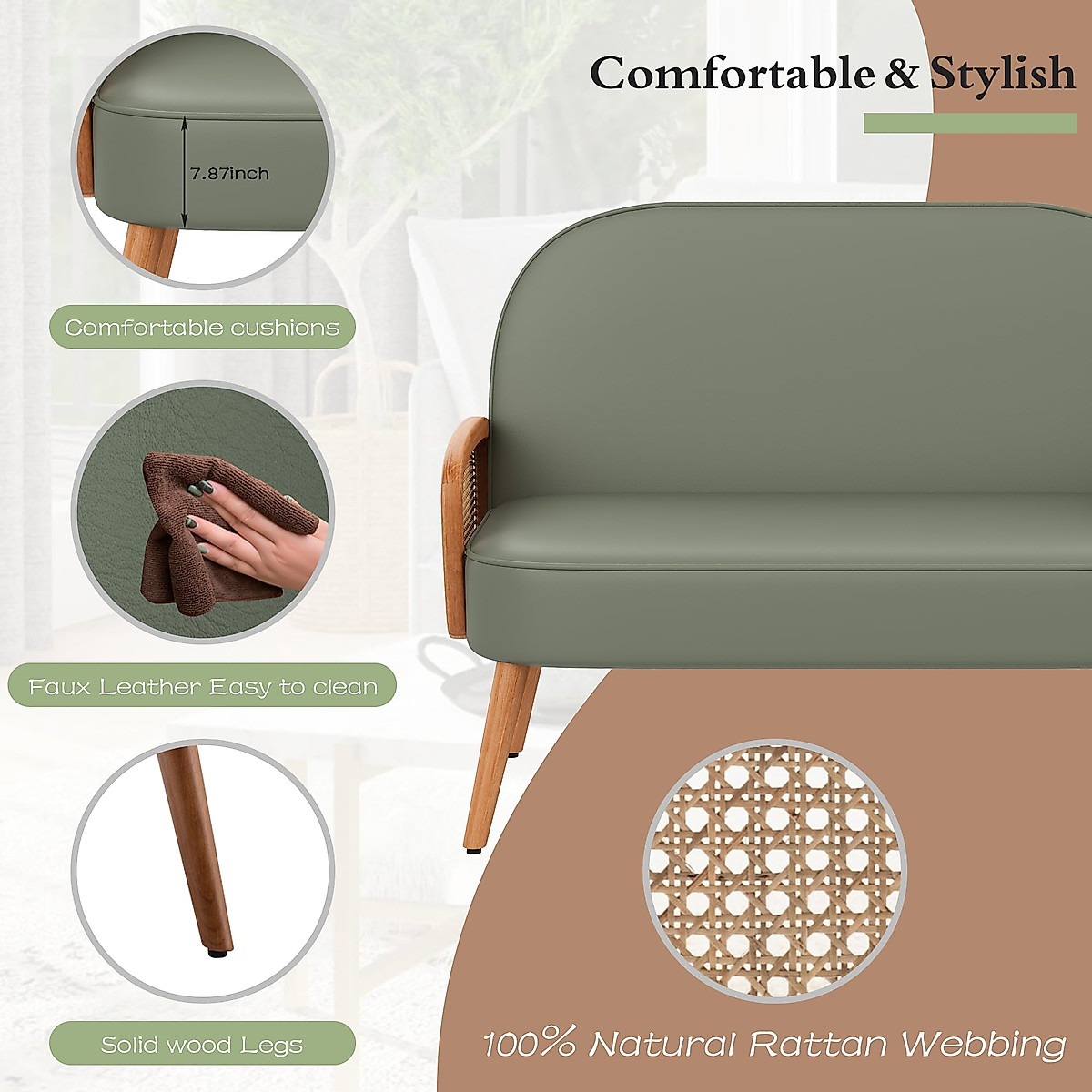 Aklaus 45" W Faux Leather Small loveseat with Natural Rattan Arms,Upholstered Modern Mini Sofa Couch Love Seat Settee Bench with Back for Living Room Bedroom Office Small Space Entryway Green