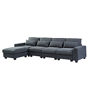 WILLIAMSPACE 129.9" Sectional Sofa for Living Room, Large L-Shaped Sofa Couch with Ottoman, Feather Filled 4 Seat Upholstered Convertible Modular Sofa with Waist Pillows - Dark Grey
