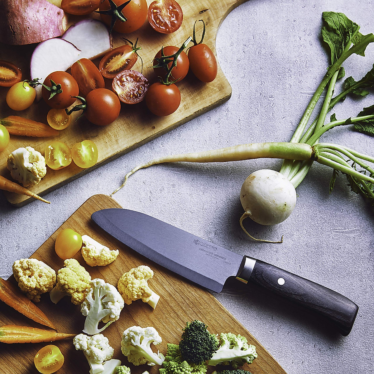Kyocera Advanced Ceramic LTD Series Santoku Knife with Handcrafted Pakka Wood Handle, 5.5-Inch, Black Blade
