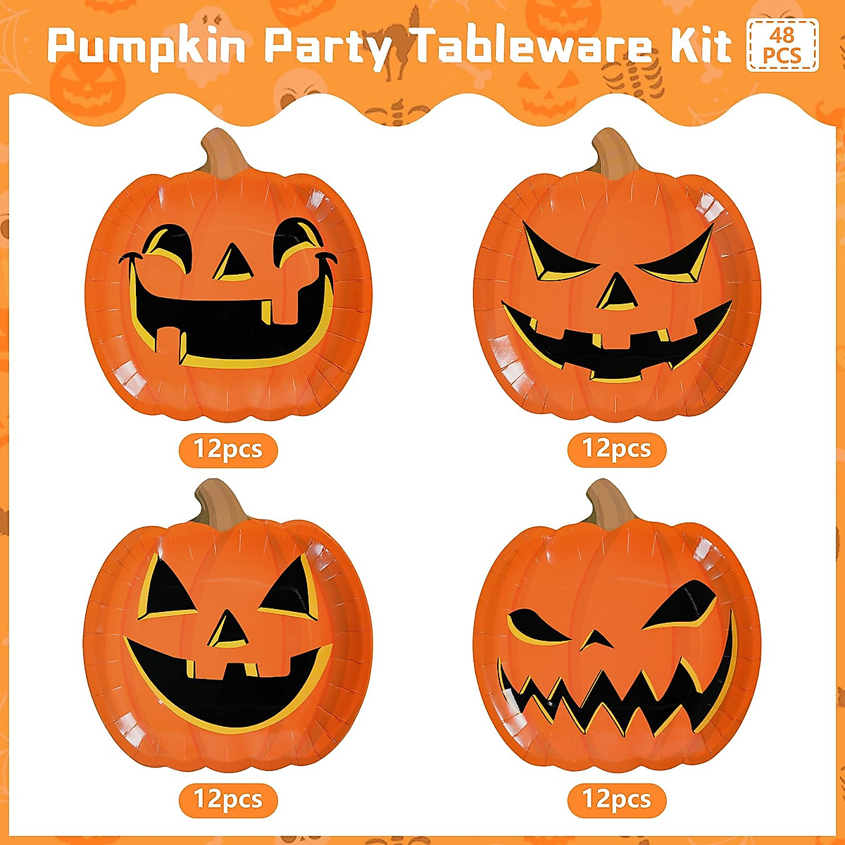XIENBLOC 48Pcs Halloween Party Plates Halloween Party Supplies Paper Pumpkin Shape Dinner Plates Disposable Halloween Birthday Party Supplies for Kids