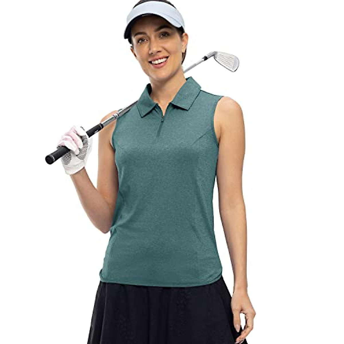 YSENTO Women's Golf Polo Shirts Tops Sleeveless Collared 1/4 Zip Dry Fit UV Protection Sun Shirts Denim Blue XL