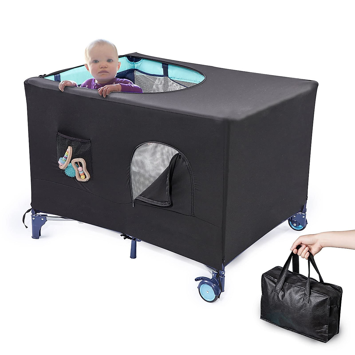 Blackout Cover for Pack and Play Breathable Crib Cover Stretchy Baby Darkening Netting Cover Indoor Outdoor Canopy Travel Accessories for Baby Infant Sleep