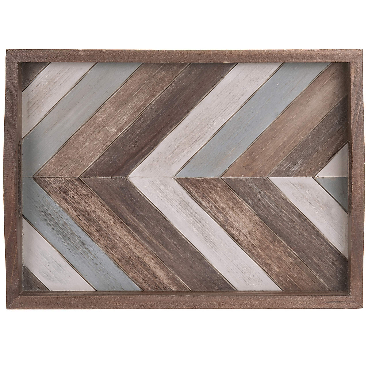 MyGift 16 Inch Rustic Brown Wood Serving Tray with Handles and Multicolored Chevron Design, Ottoman Decorative Tray