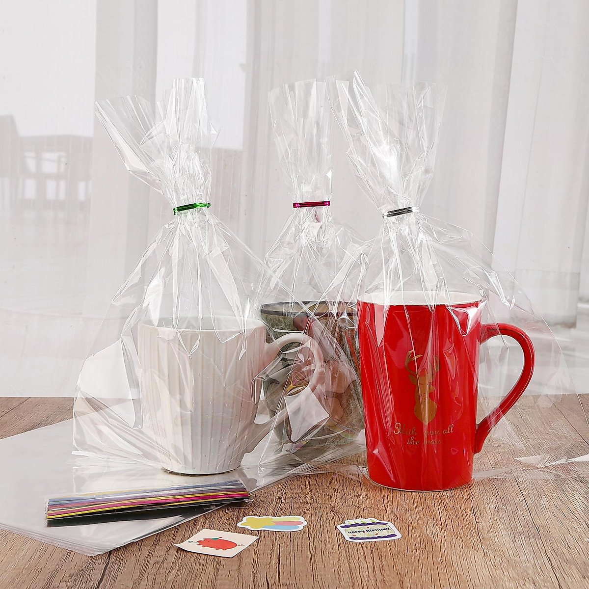 50 pcs Clear 11" x 14" Flat Cello Cellophane Bags Poly Treat Bags 2.8 mils for Gift Wrapping, Bakery, Cookie, Candies, Toast, Dessert, Party Favors Packaging with Color Twist Ties