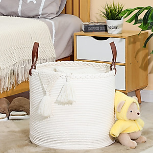 KAKAMAY Large Cotton Rope Blanket Basket (18"x16"),Woven Baby Laundry Hamper，Blanket Basket for Nursery, Laundry, Living Room, Pillows, Toys with Leather Handles （White）