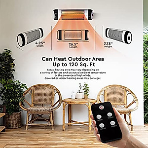 Comfort Zone Electronic Indoor/Outdoor Wall Mounted Patio Space Heater, Adjustable Thermostat, Remote, Timer, & IP34 Waterproof, (Mount Hardware Included), Commercial and Residential, 1,500W, CZPH10R