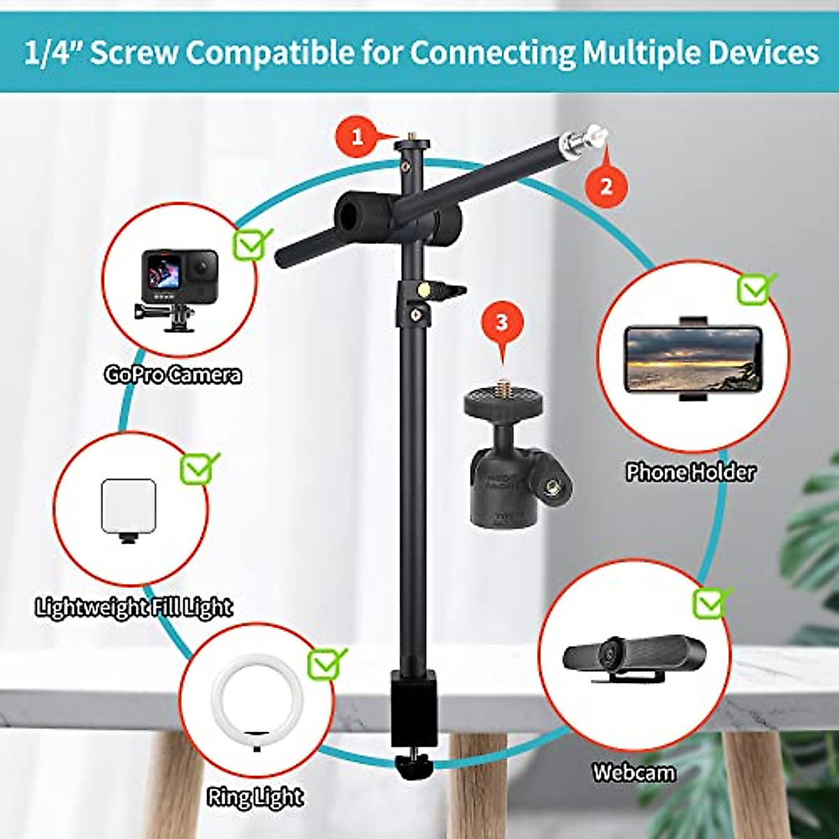 JEBUTU Overhead Camera Mount Desk Stand with 360° Adjustable Holding Arm, Flexible Phone Stand with 360° Ballhead and Phone Mount Holder, Boom Stand for Microphone, Video Light, Webcam, Cell Phone