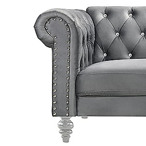 New Classic Furniture Glam Emma Velvet Three Seater Chesterfield Style Sofa for Small Spaces with Crystal Button Tufts, Gray