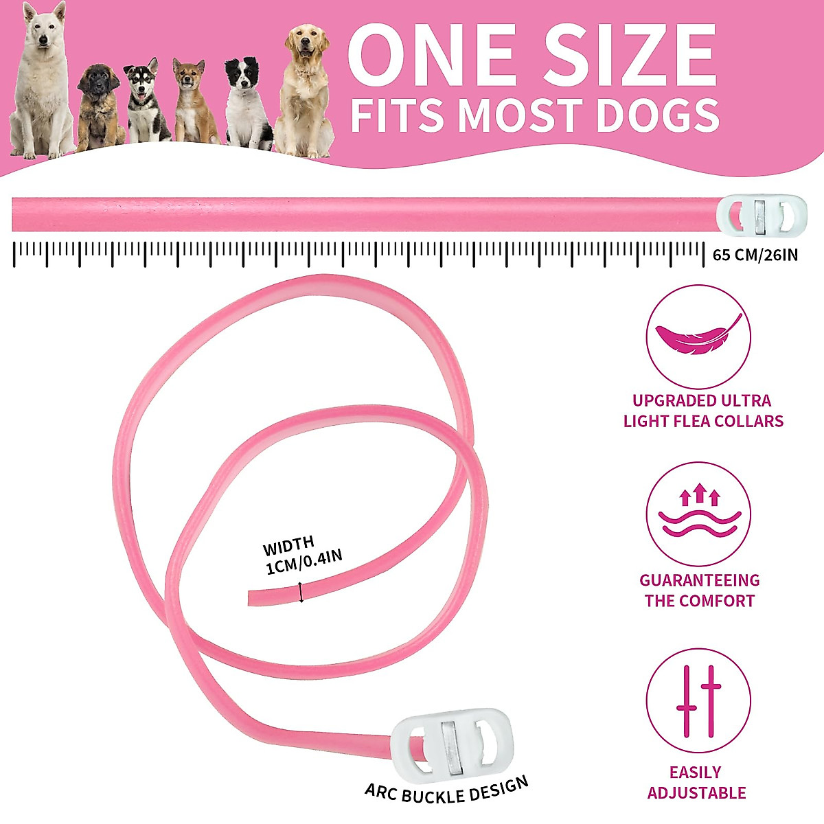 4 Pack Flea Collar for Dogs, Dog Flea and Tick Collar Glow in Dark, 8 Months Flea and Tick Prevention for Dog, Waterproof Adjustable Natural Tick and Flea Collar for Small Medium Large Dog Puppy-Pink