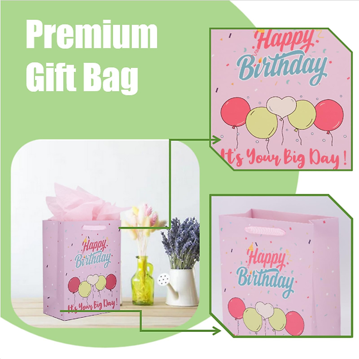 RNORRI Pink Gift Bag Large, Birthday Gift Bag For Girl, Happy Birthday Bag With Handles, Pink Birthday Bag For Girl, Party, Birthday, Baby Shower, Woman - 10x13x5 Inch