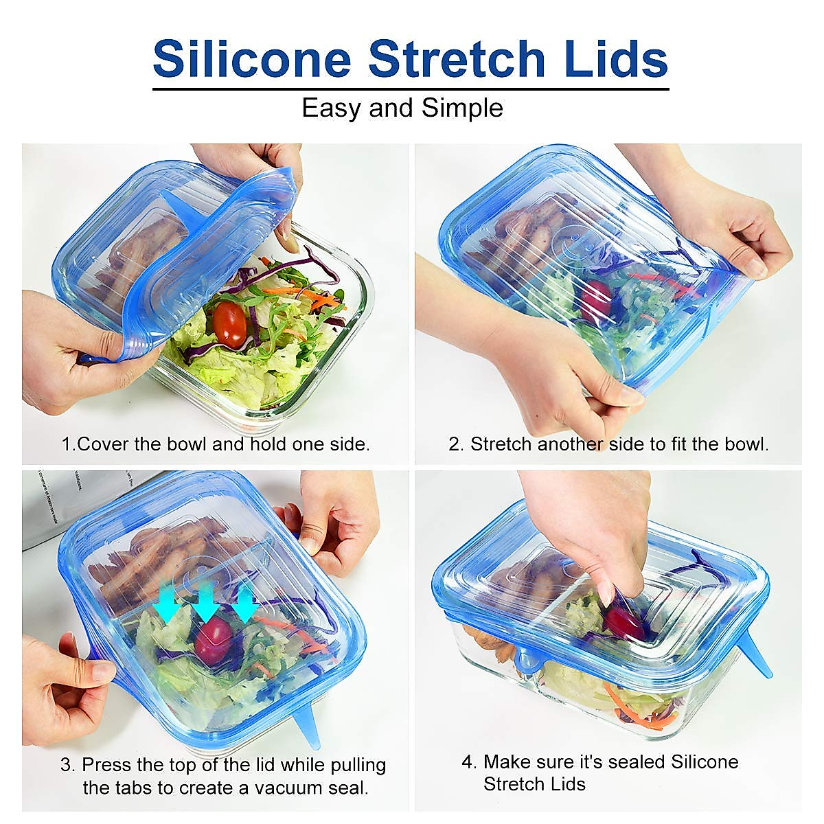 [12pack] Longzon Silicone Stretch Lids 6 Clear Round 6 Blue Rectangle, Magic Lids Reusable Food Covers for Bowls, Cups, Cans, Fit Different Sizes & Shapes of Container, Dishwasher & Freezer Safe