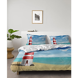 California King Duvet Covers Set Summer Ocean Beach Red Lighthouse 4 Pcs Bedding Sets Brushed Microfiber Quilt Covers Lightweight Cozy Flat Sheet with 2 Pillowcases Animal Seagulls Seascape Blue Sky