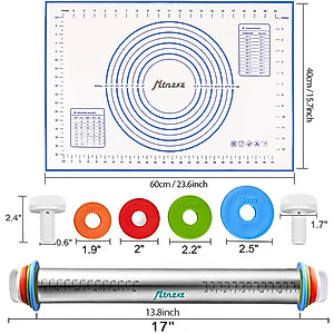 Rolling Pin, Silicone Baking Pastry Mat, Smooth Stainless Steel Roller, 4 Removable Adjustable Thickness Non Stick Rings Rolling Pins for Baking Dough, Pizza, Pie, Pastries, Pasta, Cookies, 2 Pcs