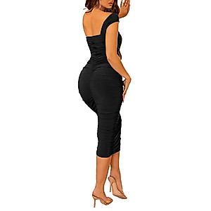 Halfword Sexy One Shoulder Midi Dress for Women Ruched Bodycon Drawstring Night Party Club Cocktail Dresses Black M
