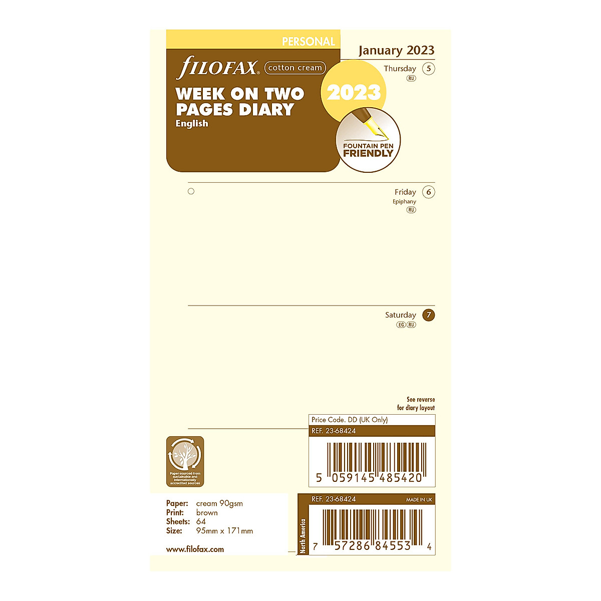 Filofax Refill, Personal/Compact Size, Week-to-View, Cotton Cream Paper, Unruled, English, 2023 (C68424-23)