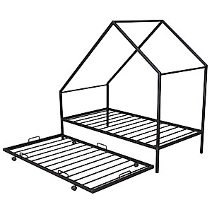 Metal House Bed with Trundle, Montessori Bed Twin Size Platform Bed Frame with Roof, Tent Bed, Modern Style Heavy-Duty Steel Frame Playhouse Bed for Kids Teens Girls Boys (Twin, Black)