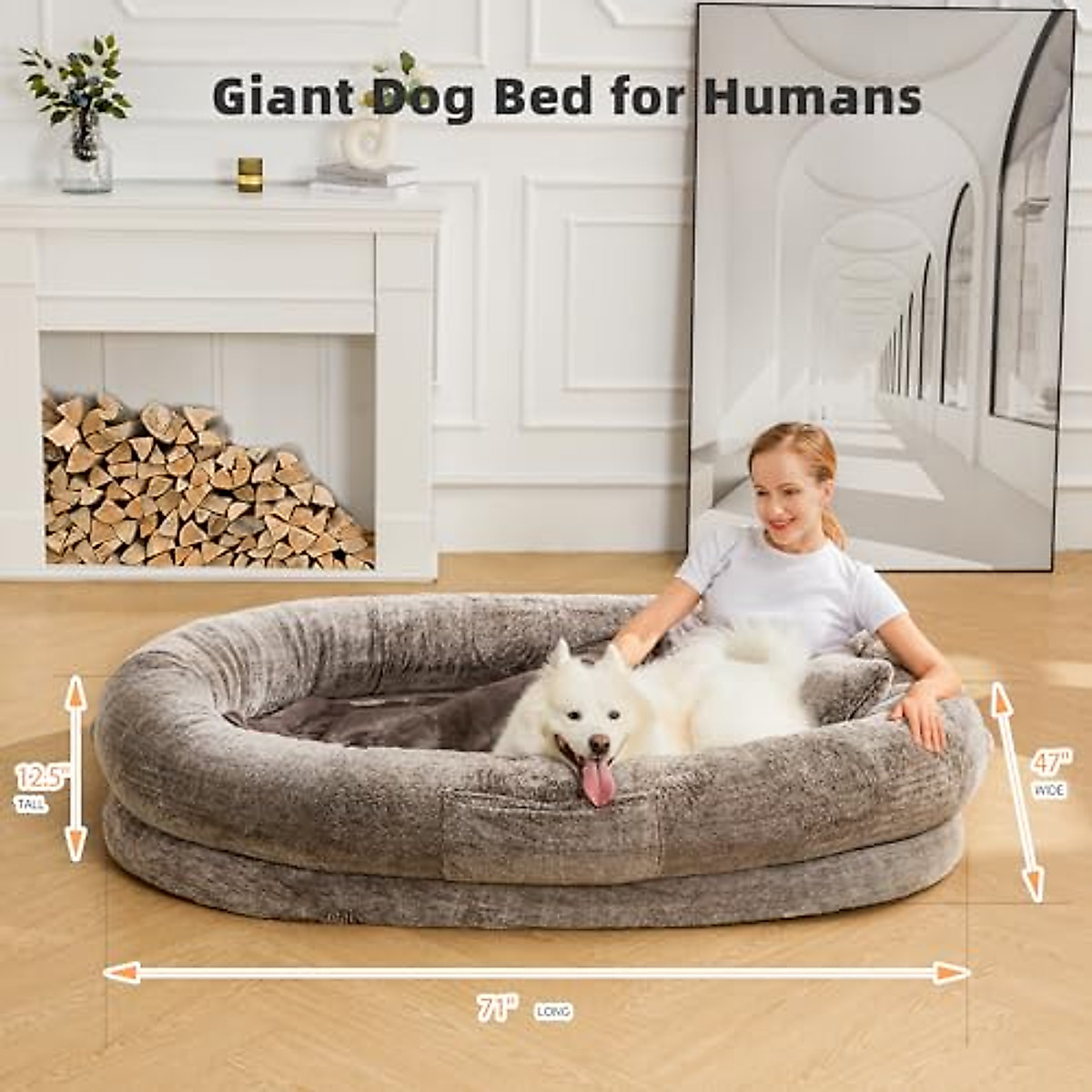 Human Size Dog Bed - 71''x47''x12.5'', Washable Faux Fur, Orthopedic, Plump Pillow, Blanket, Brown