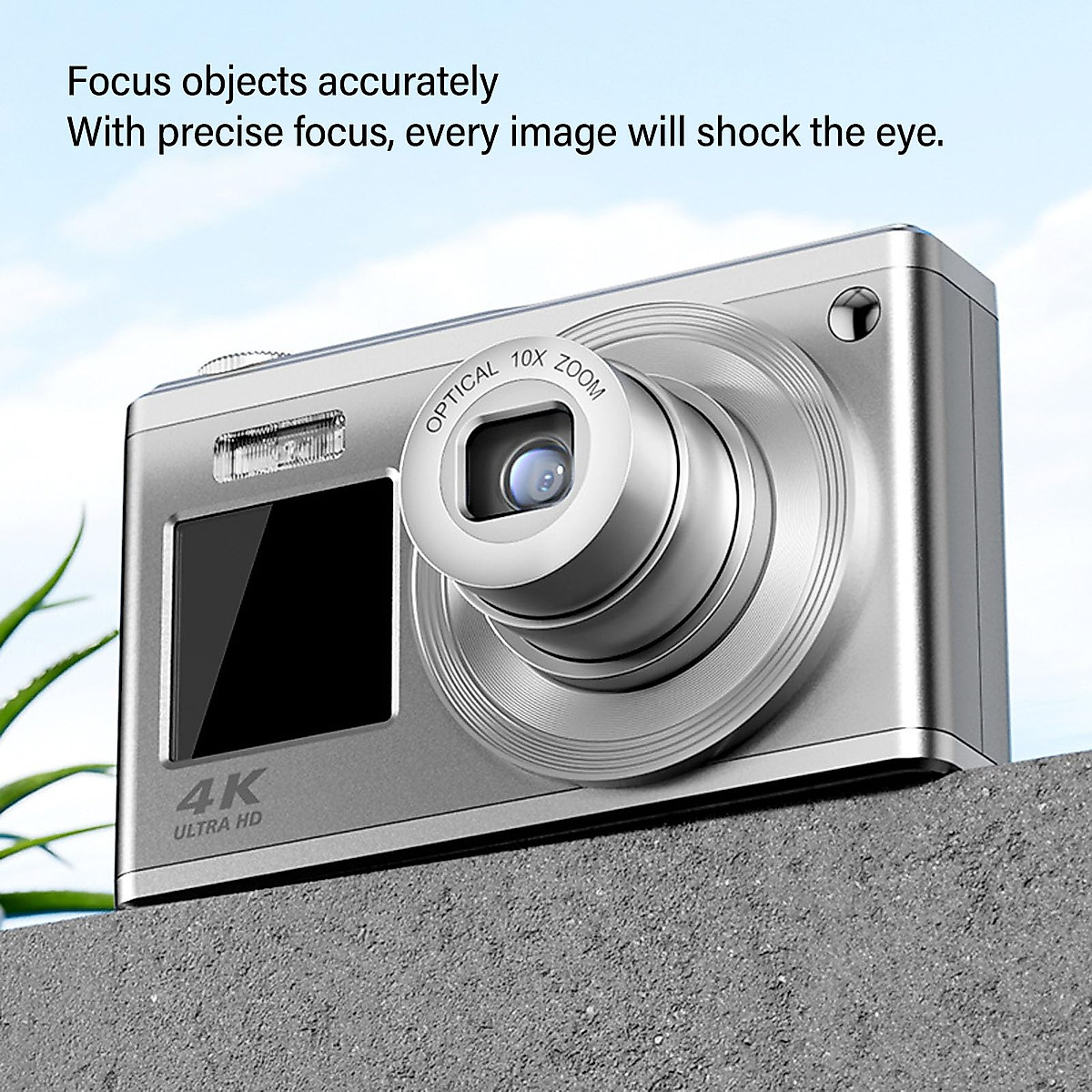 4K Digital Camera, 10X Optical Zoom Vlogging Selfie Camera Auto Focus with 2.88 Inch HD Screen for Beginners, 750mAh Anti Shake Travel Camera for Photography (Silver)