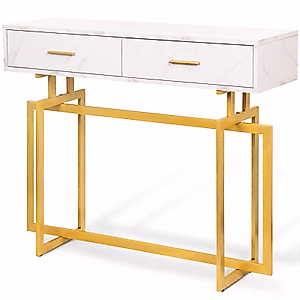 3imothrix Console Table with 2 Drawers, 39.37" Narrow Entryway Table Sofa Table for Hallway, Entrance Hall, Foyer, Corridor, Living Room, Faux Marble, Gold Base